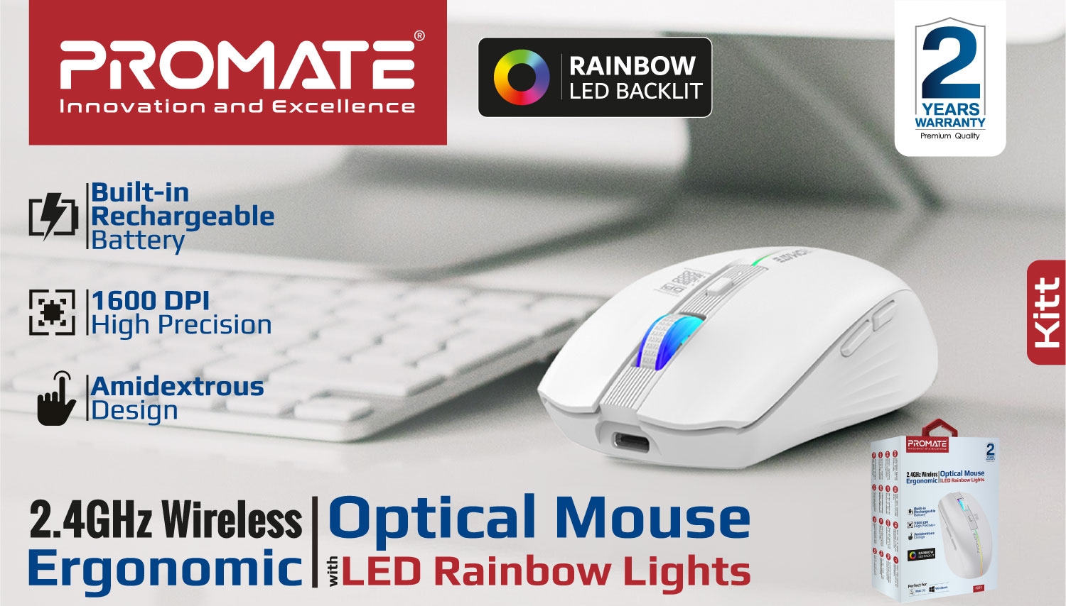 Mouse Wireless PROMATE Kitt, 1600 dpi, alb