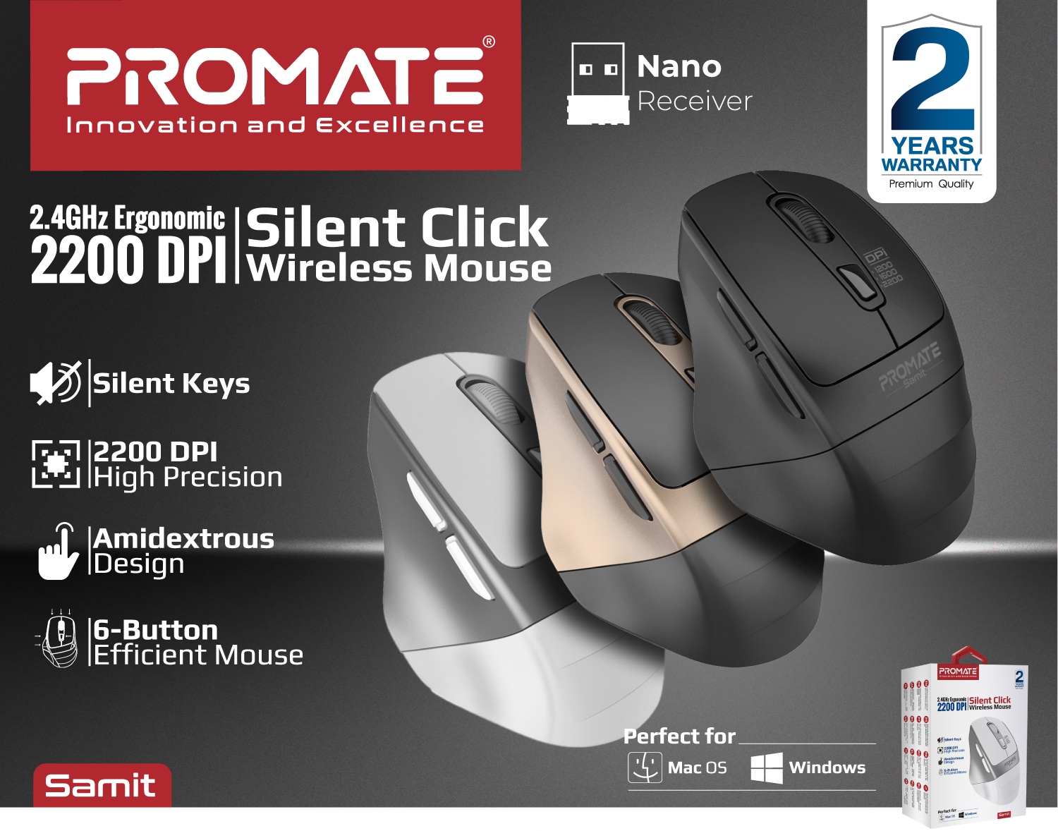 Mouse Wireless PROMATE Samit, 2200 dpi, alb